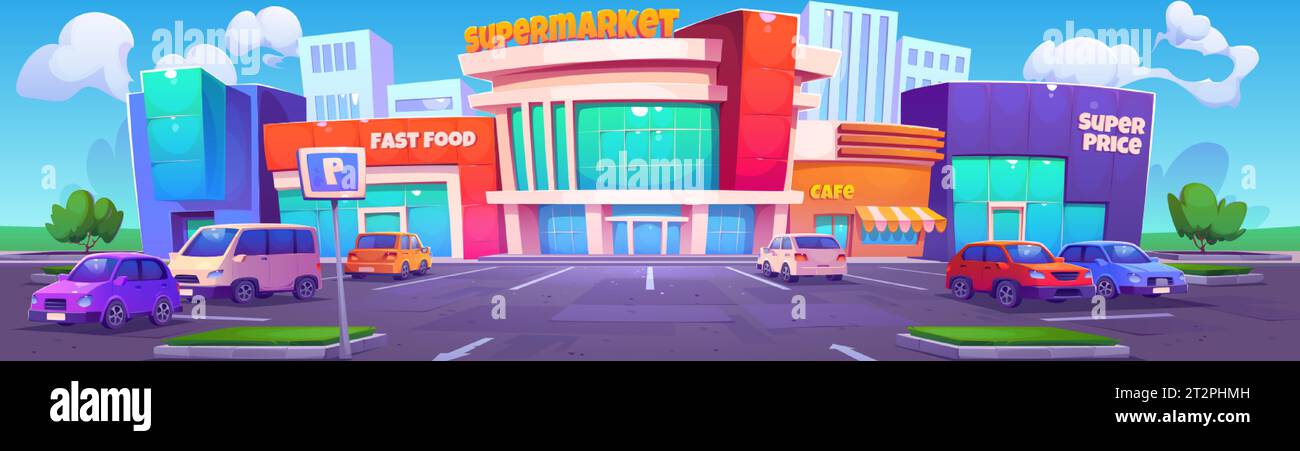 Parking lot with autos near supermarket. Vector cartoon illustration of ...