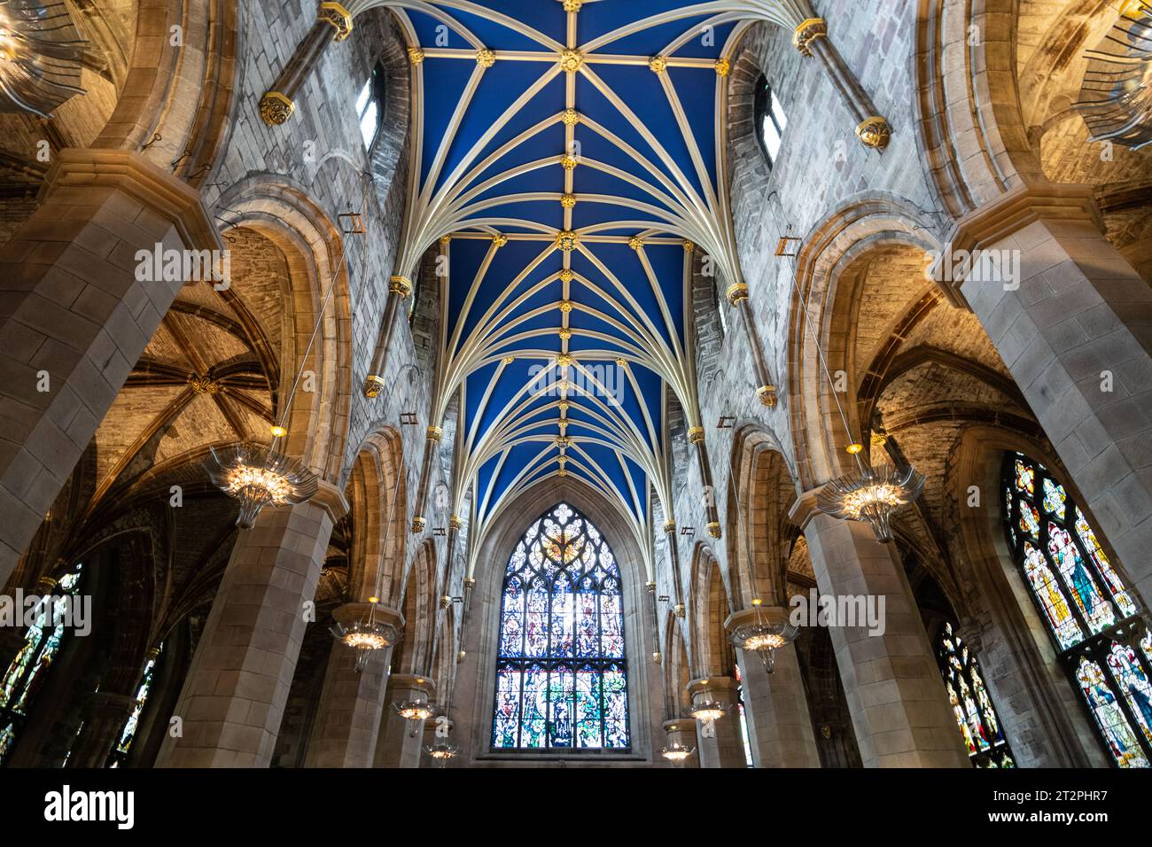 view of ceiling and windows at St. Giles Cathedral, Edinburgh, Scotland ...