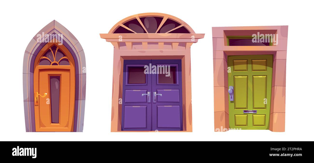 Front door - cartoon house entrance with brick jambs and window. Vector ...