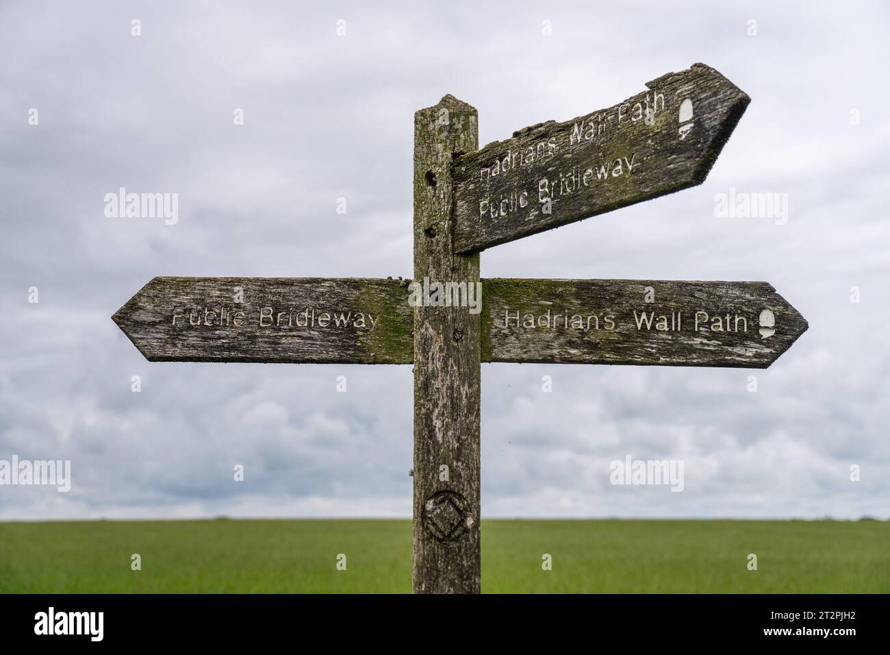 an old wooden sign post for Hadrian's Wall Path in Cumbria, UK Stock ...