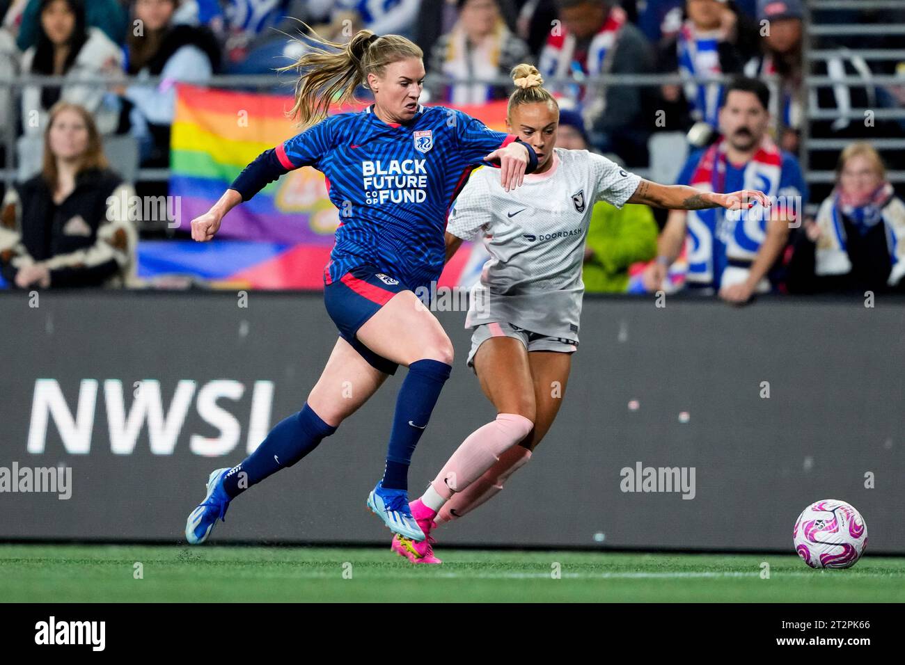 OL Reign forward Veronica Latsko, left, battles against Angel City FC ...