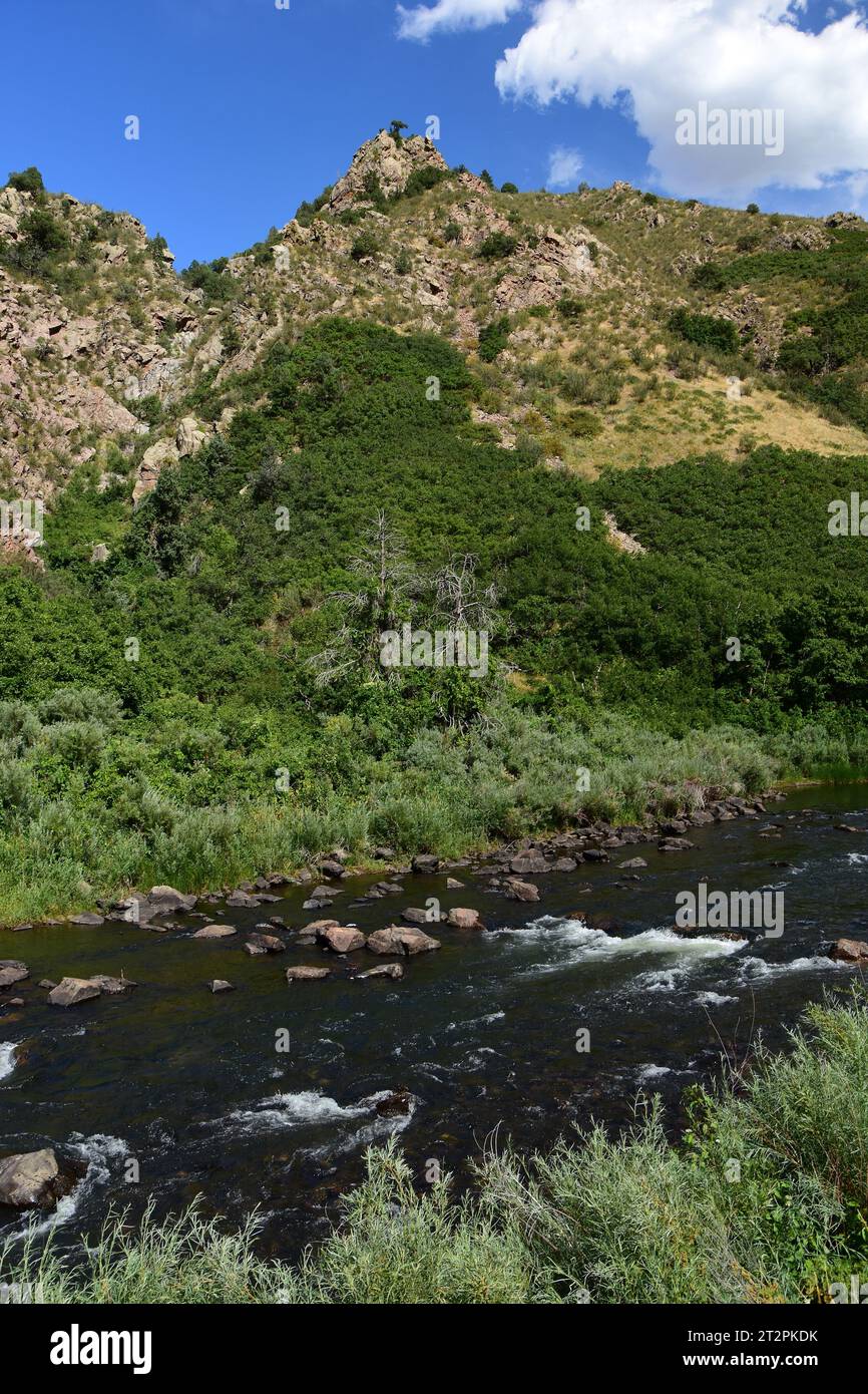 view of mountains and rapids in the south platte river in waterton ...