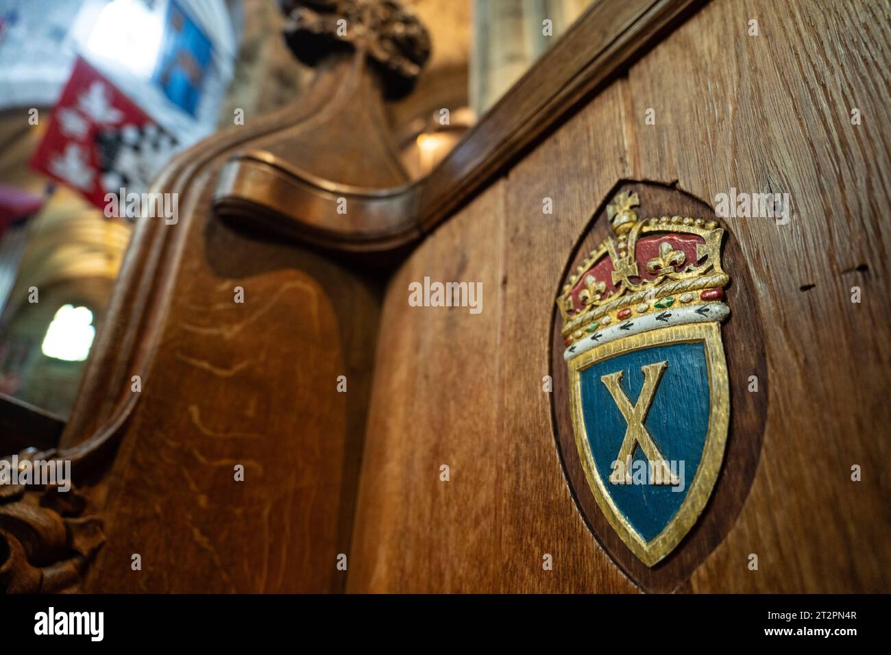 carved crest on a pew, St. Giles Cathedral, Edinburgh, Scotland Stock ...