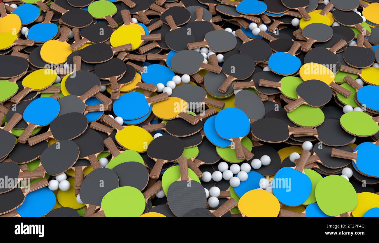 Pile of sport equipment like ping pong racket for table tennis on white ...