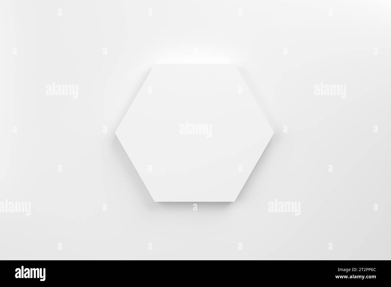 White hexagon shaped podium or platform. Empty space for product presentation. Top view. 3D ...