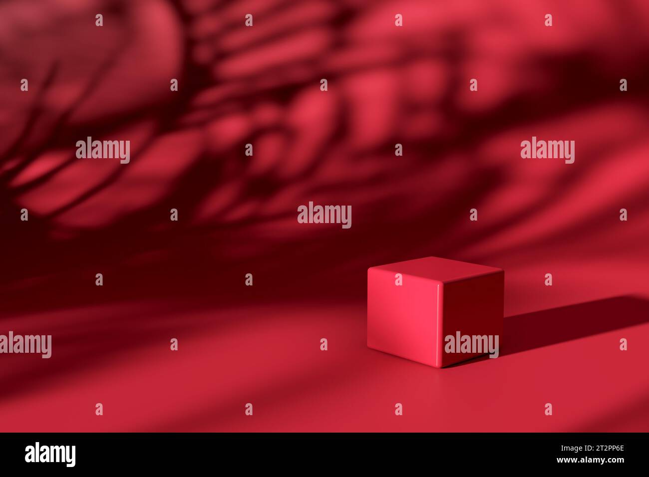Empty red cube podium or platform for product presentation with leaf ...