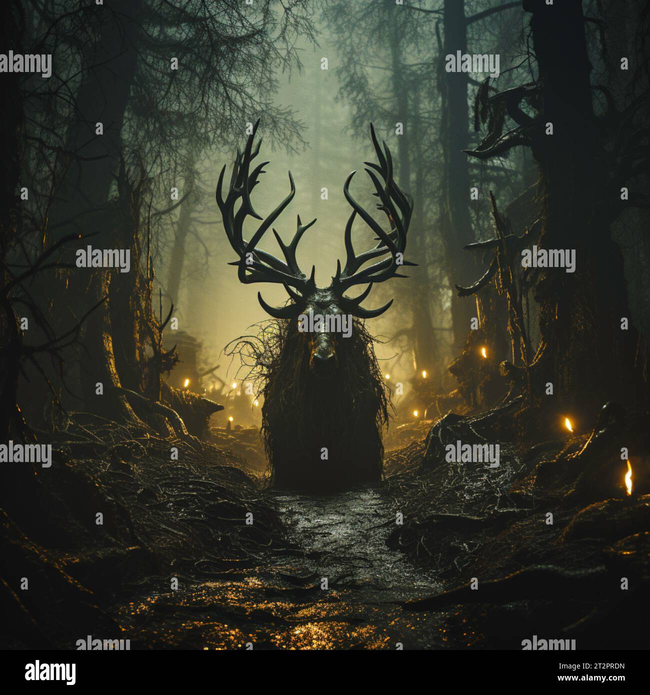 Demon with large horns walking among fires in a forest at night. The ...