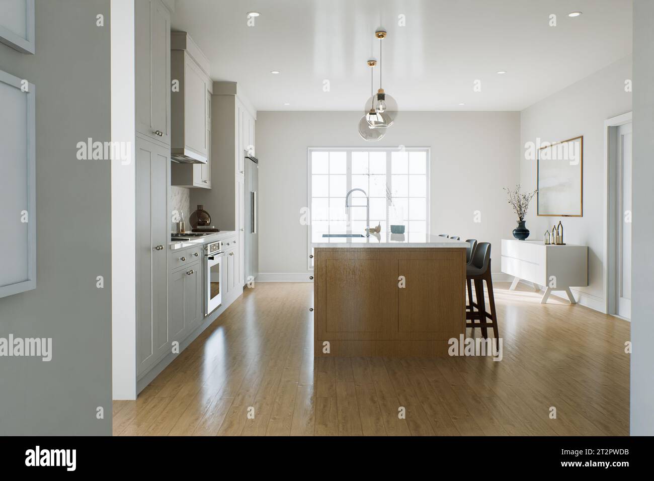 Traditional American kitchen with wooden island and kitchen appliances ...