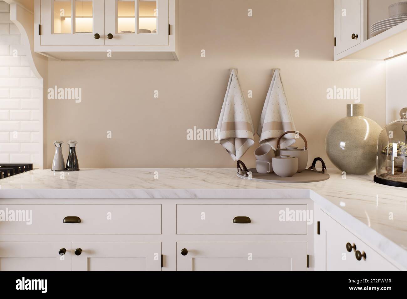 Kitchen with marble countertops and blurred kitchen background to ...
