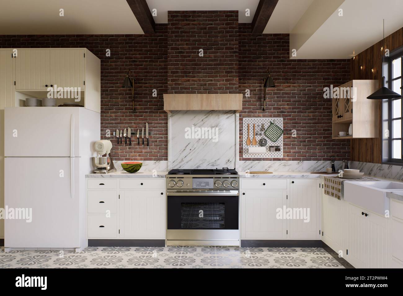 L-shaped kitchen with beams focusing on the stove with hood Stock Photo ...