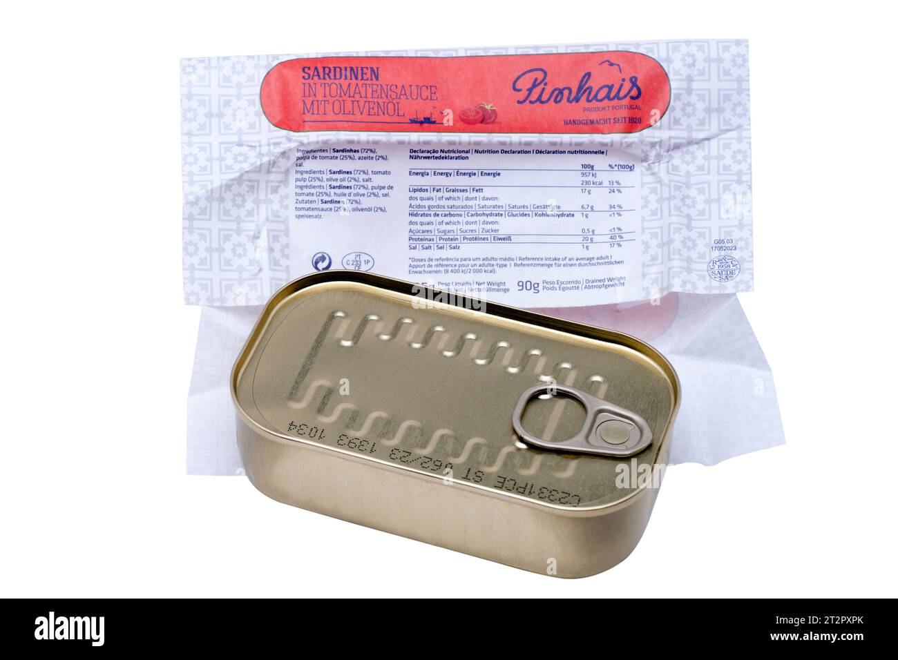 Tin of PINHAIS SARDINES IN TOMATO SAUCE and opened Wrapper with ...