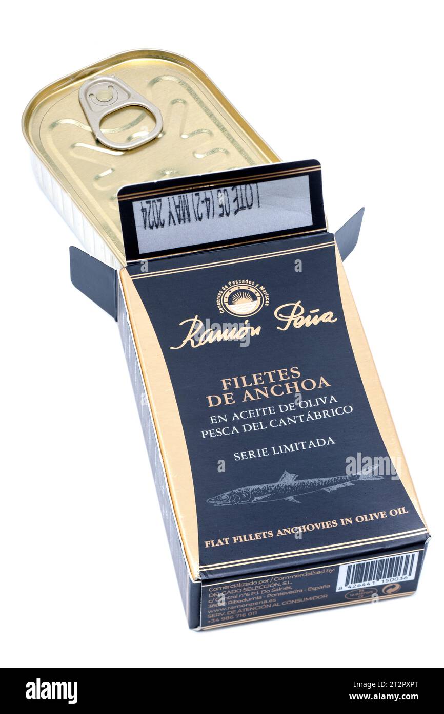 Can of Ramon Pena Cantabrian anchovies in olive oil on a White ...