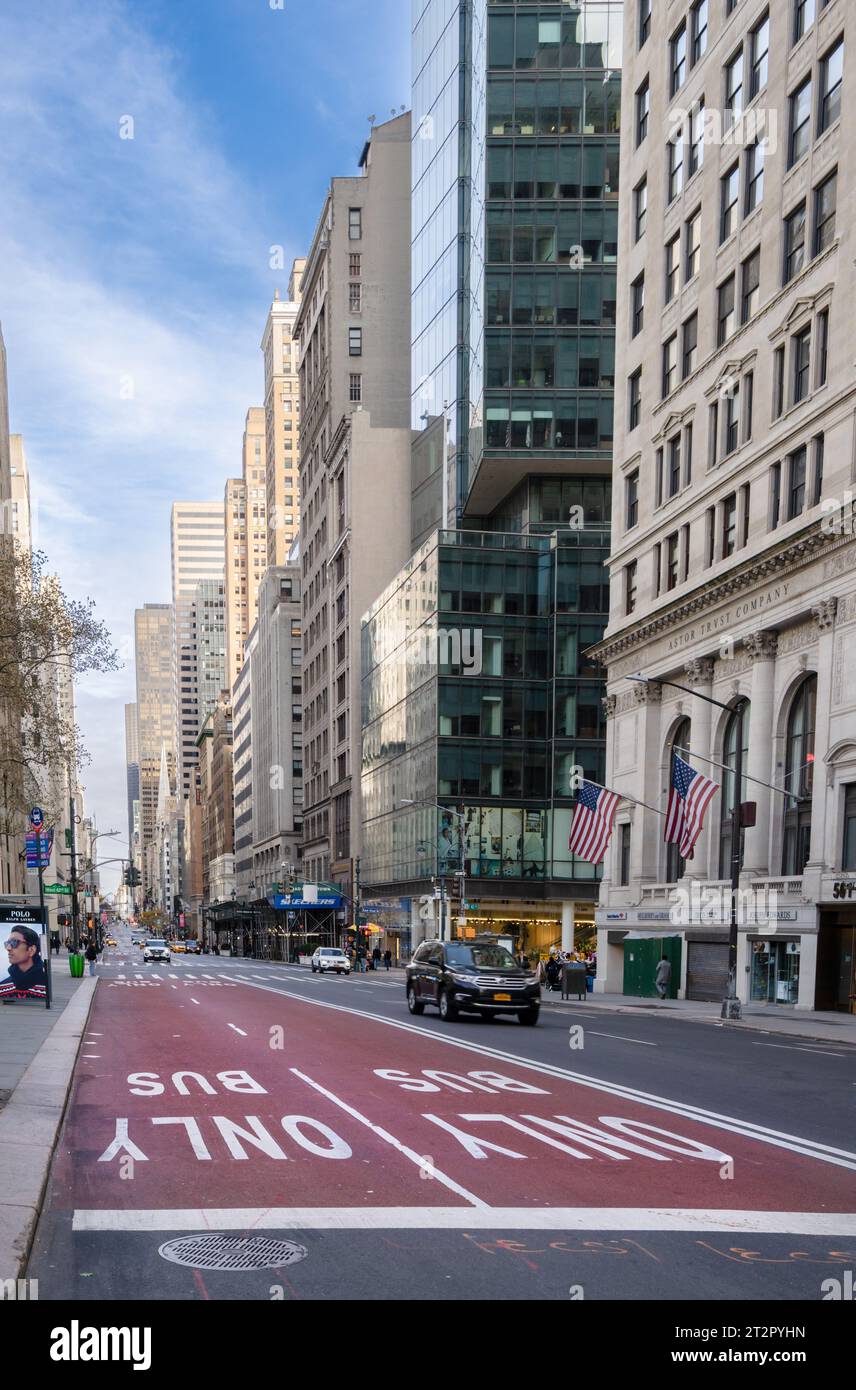 Bus lane restricted to bus traffic in Manhattan, New York City, USA ...