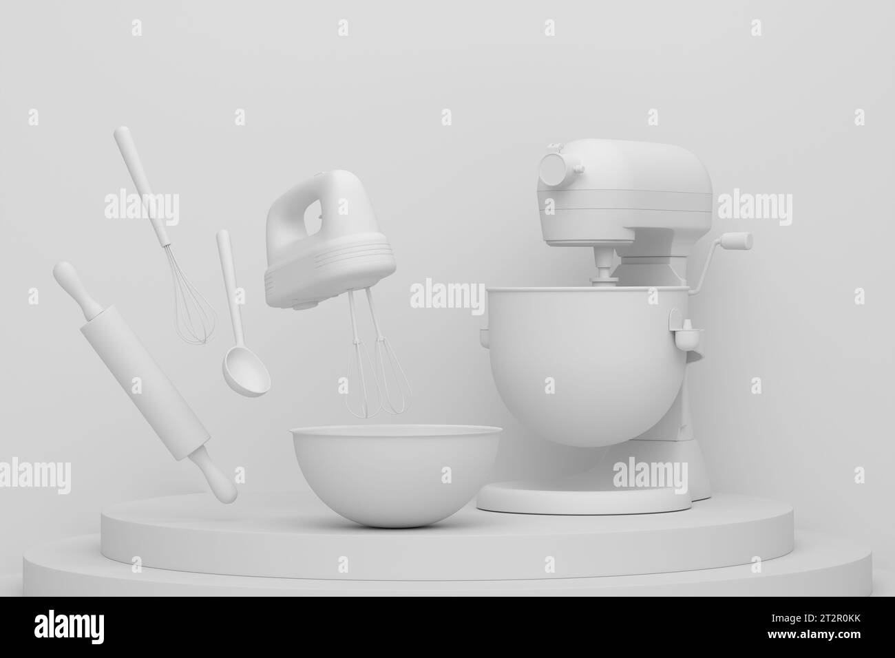 Abstract scene or podium with blender and kitchen utensil on monochrome ...