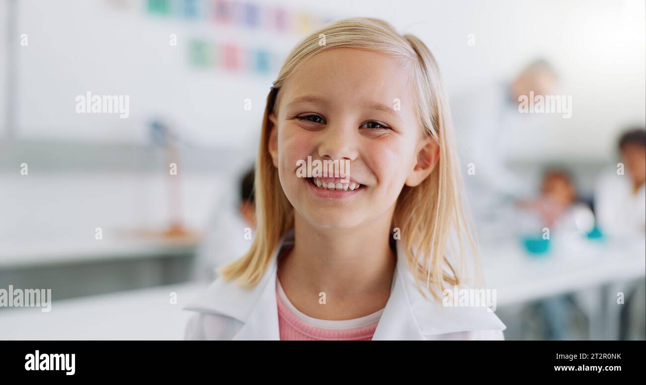 Science, school and portrait of girl in classroom for chemistry lesson ...