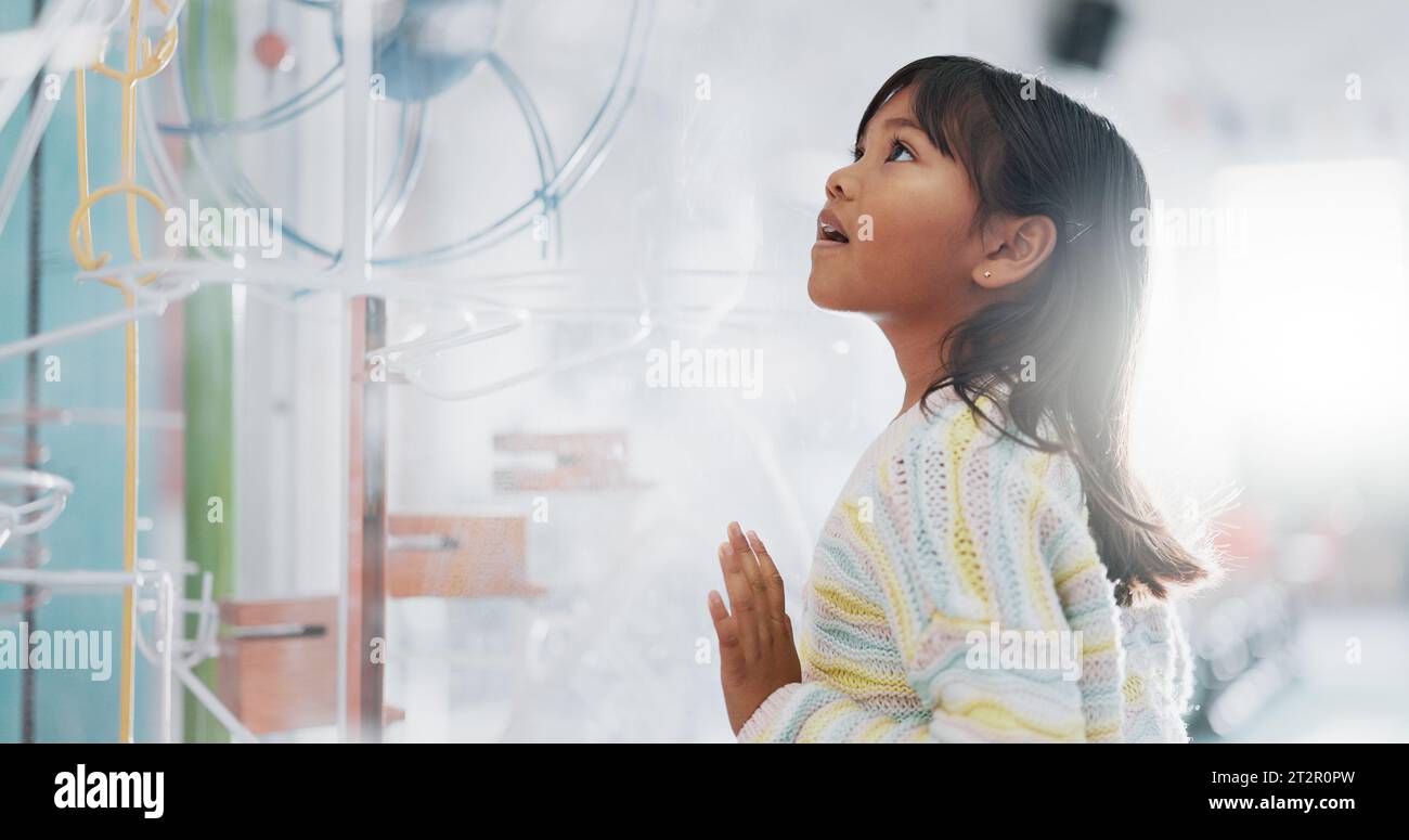 Girl, science and child surprise with chemical and classroom project ...