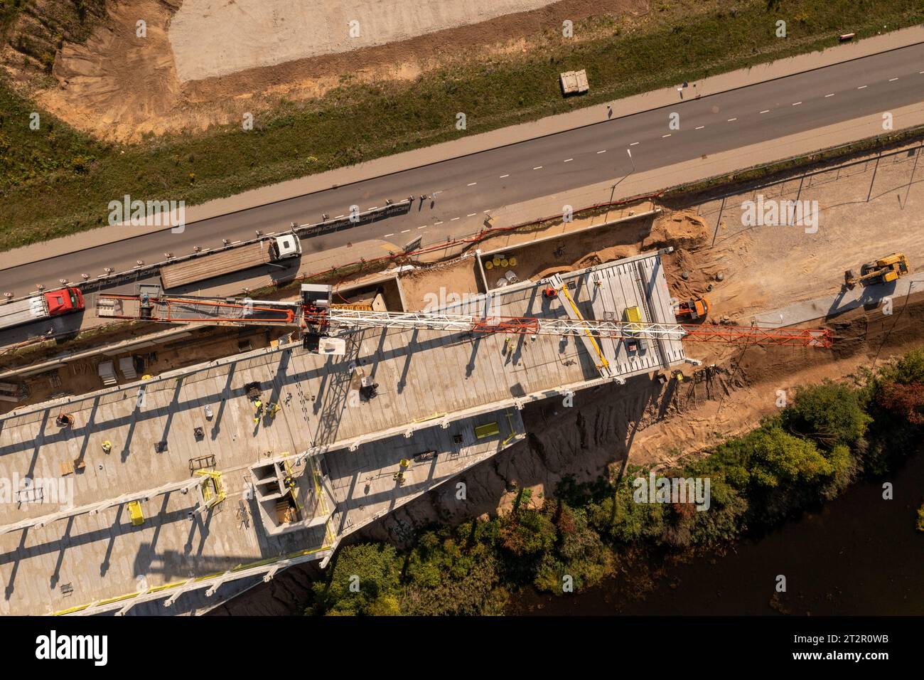 Drone photography of new office building construction site, cranes and ...