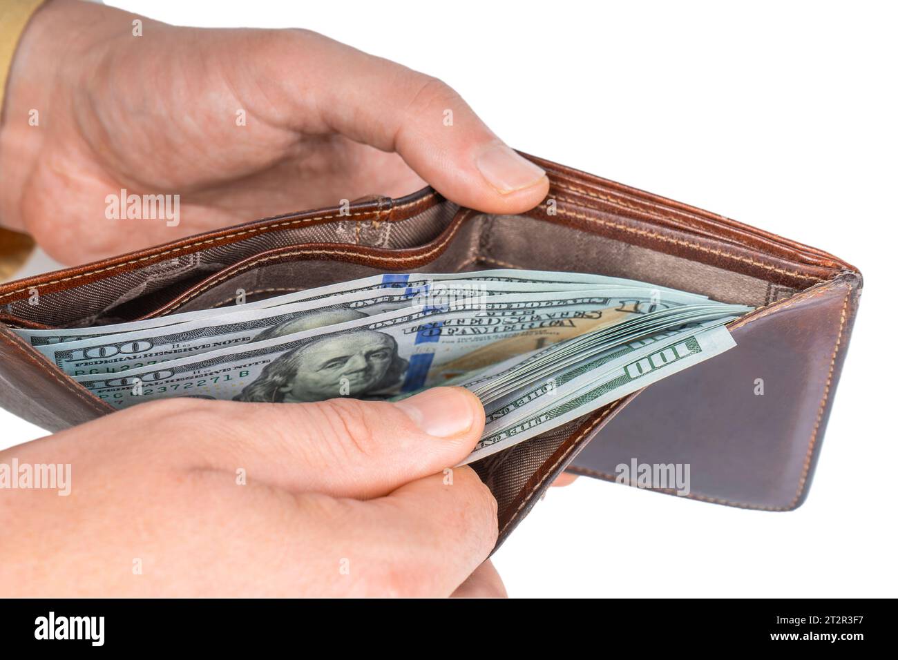 Man hands holding wallet with dollars, counting money. Allocation of ...