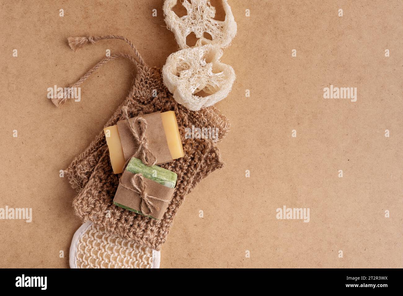 Set of eco friendly bathroom accessories. Flat lay eco friendly natural ...