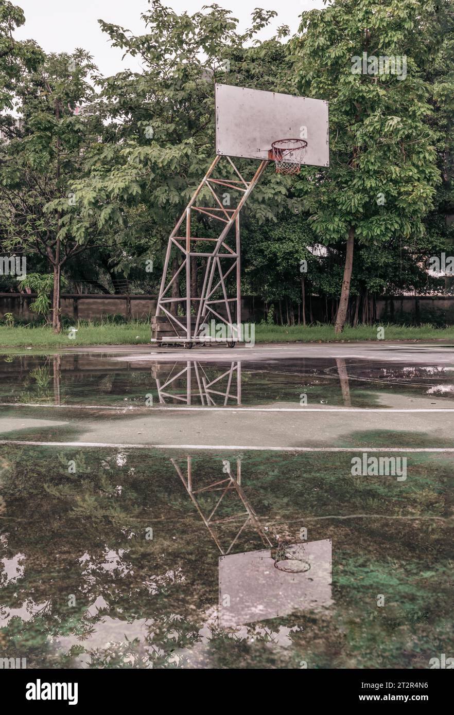 Basketball wooden backboard with the hoop metal ring and the white net ...