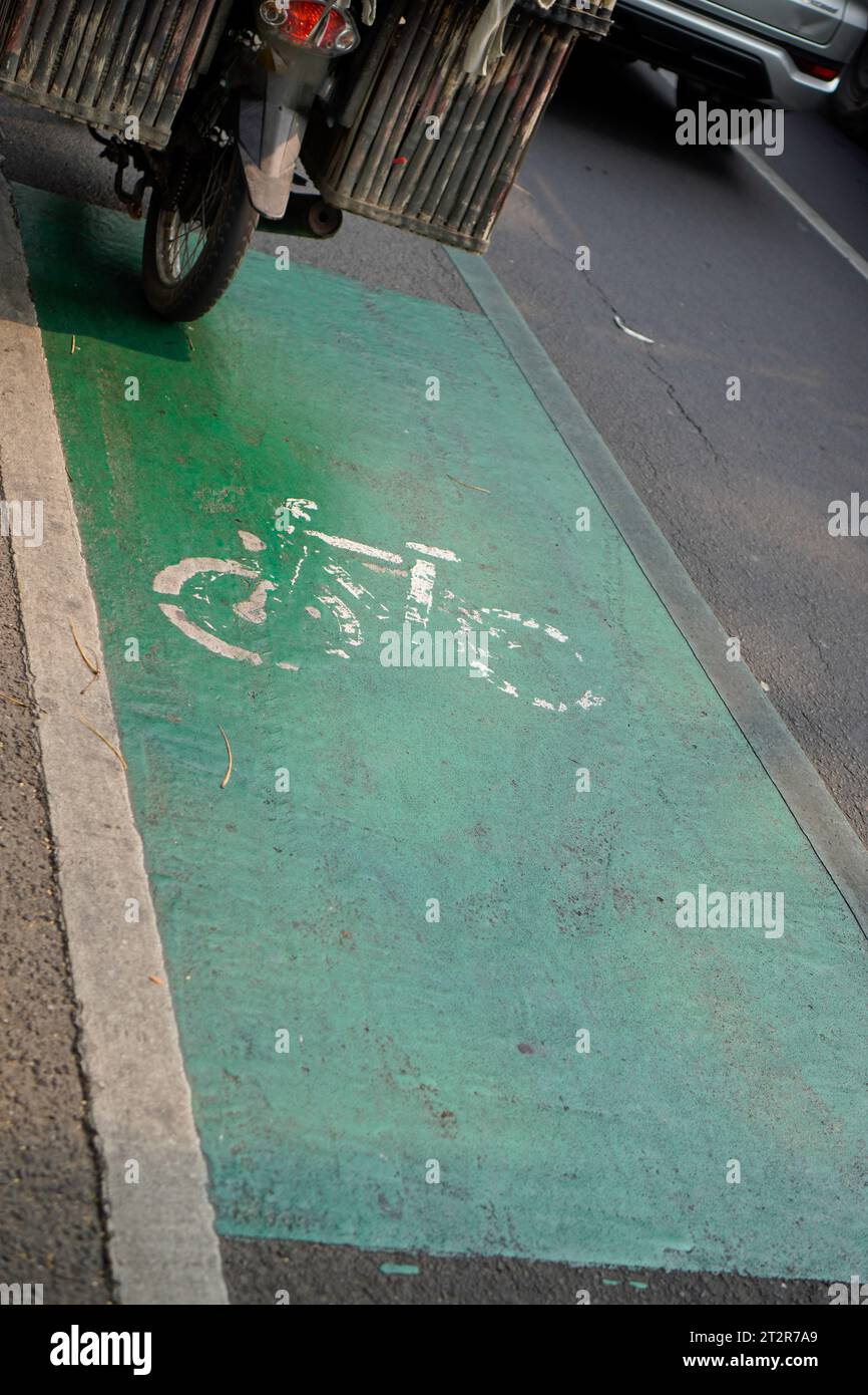 bicycle lanes designated for cyclists, traffic signs painted on the ...