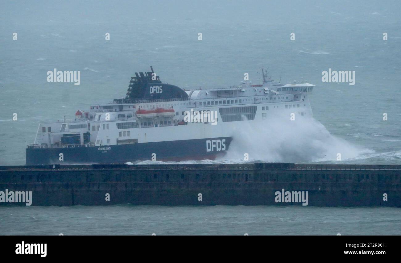 A DFDS ferry leaves the Port of Dover in Kent as Storm Babet batters ...