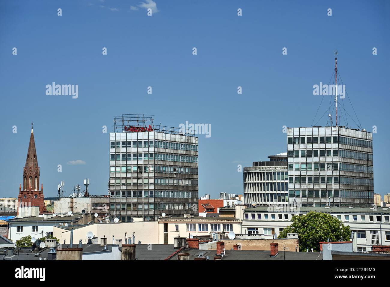 Panorama of the city of Poznan with modern skyscrapers and the bell ...