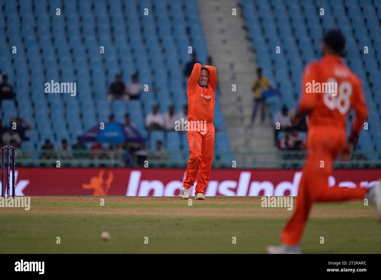 Netherlands' Roelof Van Der Merwe reacts after delivering a ball during ...