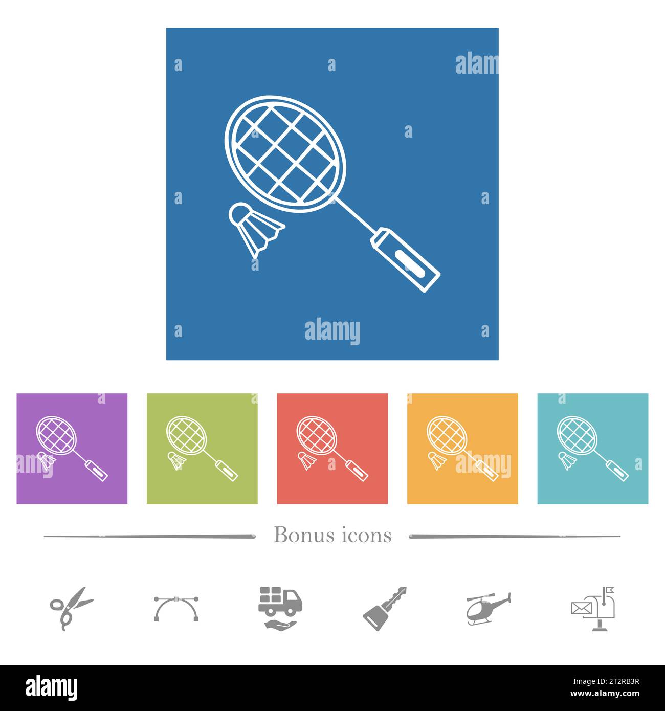 Badminton racket and shuttlecock outline flat white icons in square ...