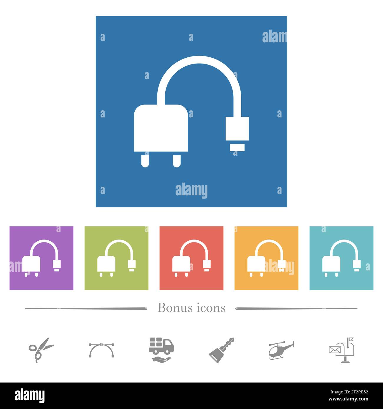 Electric charger flat white icons in square backgrounds. 6 bonus icons ...