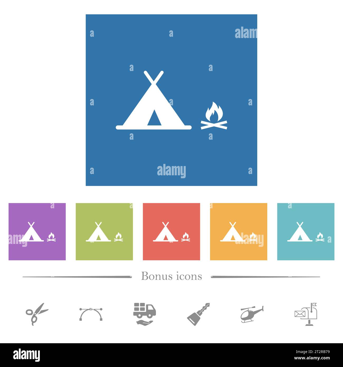 Camping flat white icons in square backgrounds. 6 bonus icons included ...