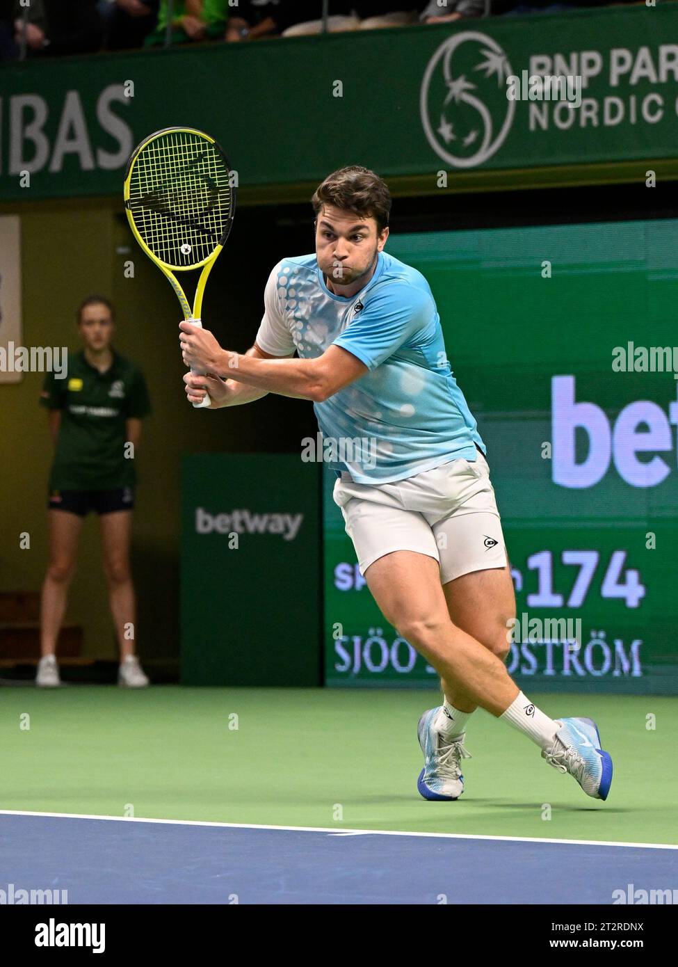 Miomir Kecmanovic of Serbia in action during his semifinal against Russian Pavel Kotov during ...