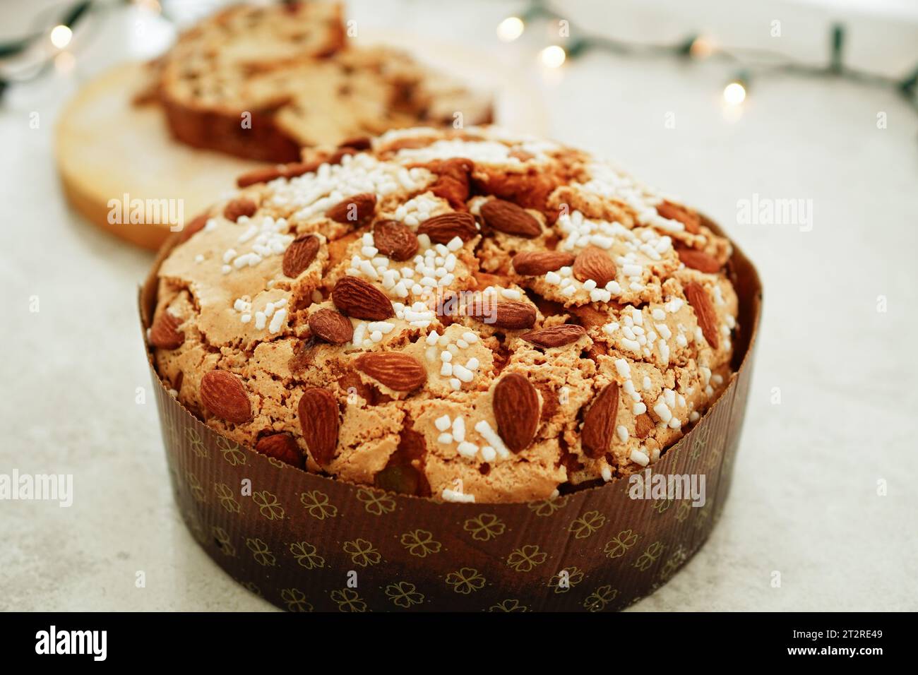 Closeup of Panettone glassato alle mandorle (Italian traditional almond ...