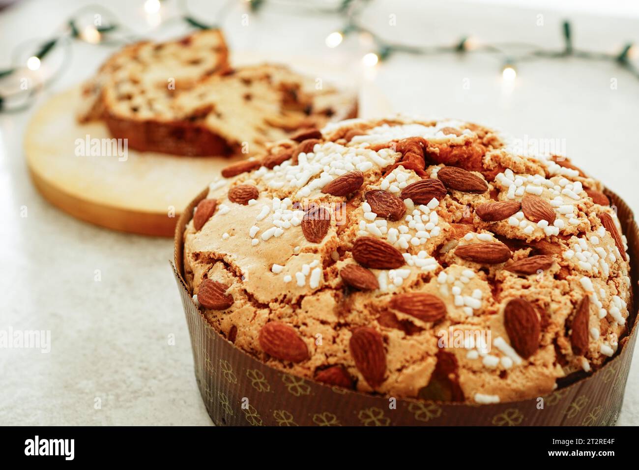Closeup of Panettone glassato alle mandorle (Italian traditional almond ...