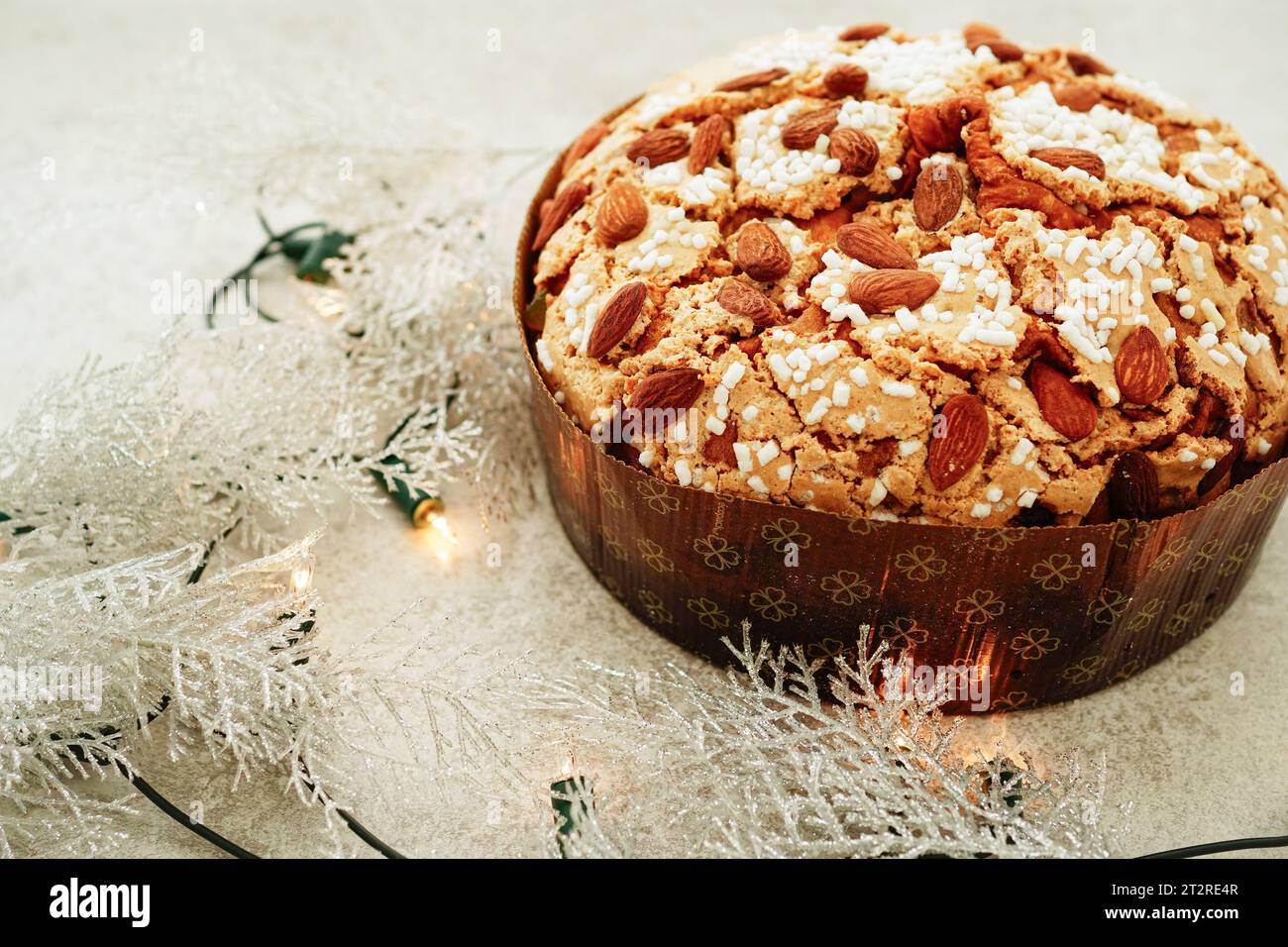 Closeup of Panettone glassato alle mandorle (Italian traditional almond ...