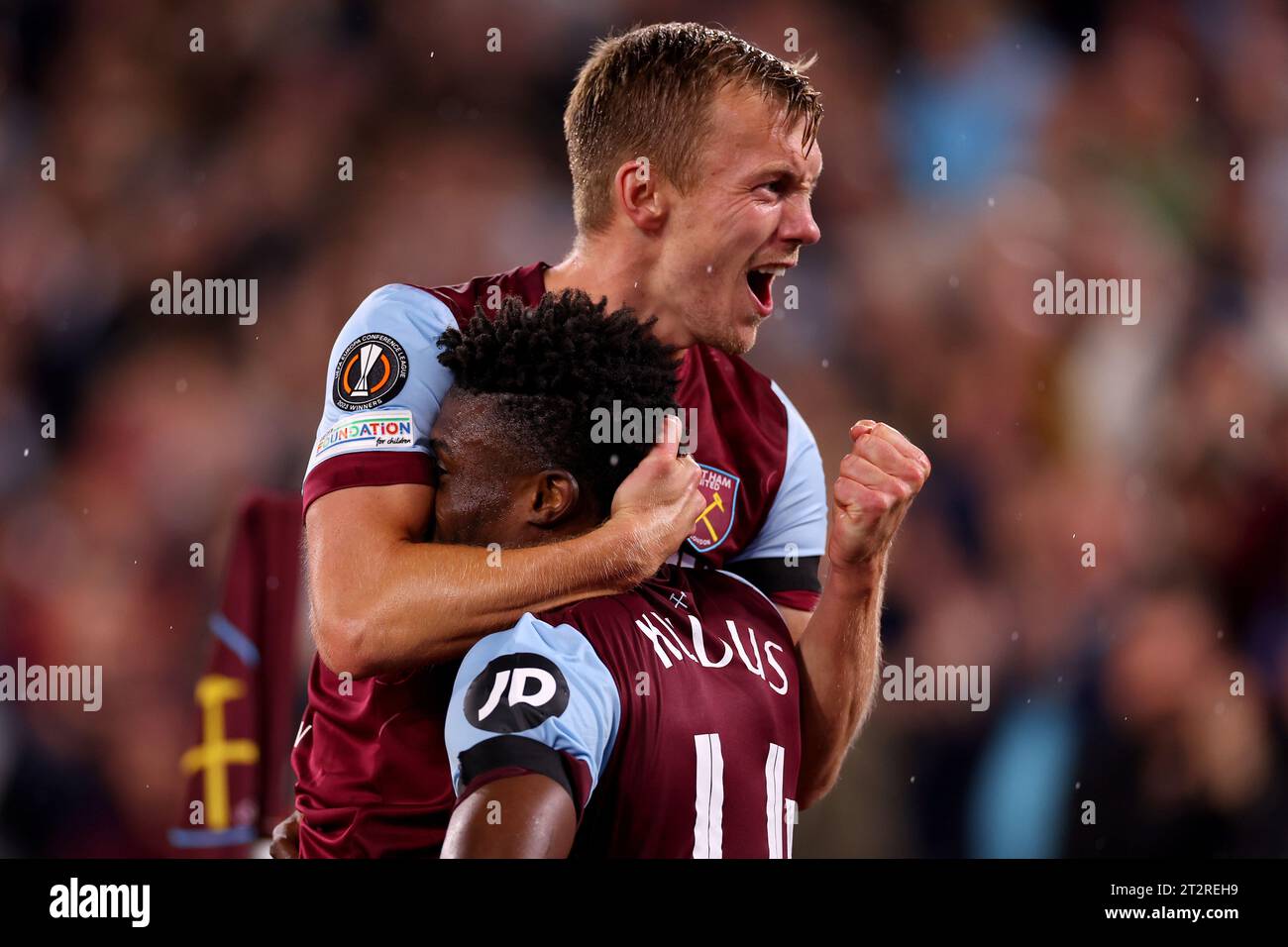 Mohammed Kudus of West Ham United is congratulated by James Ward-Prowse ...