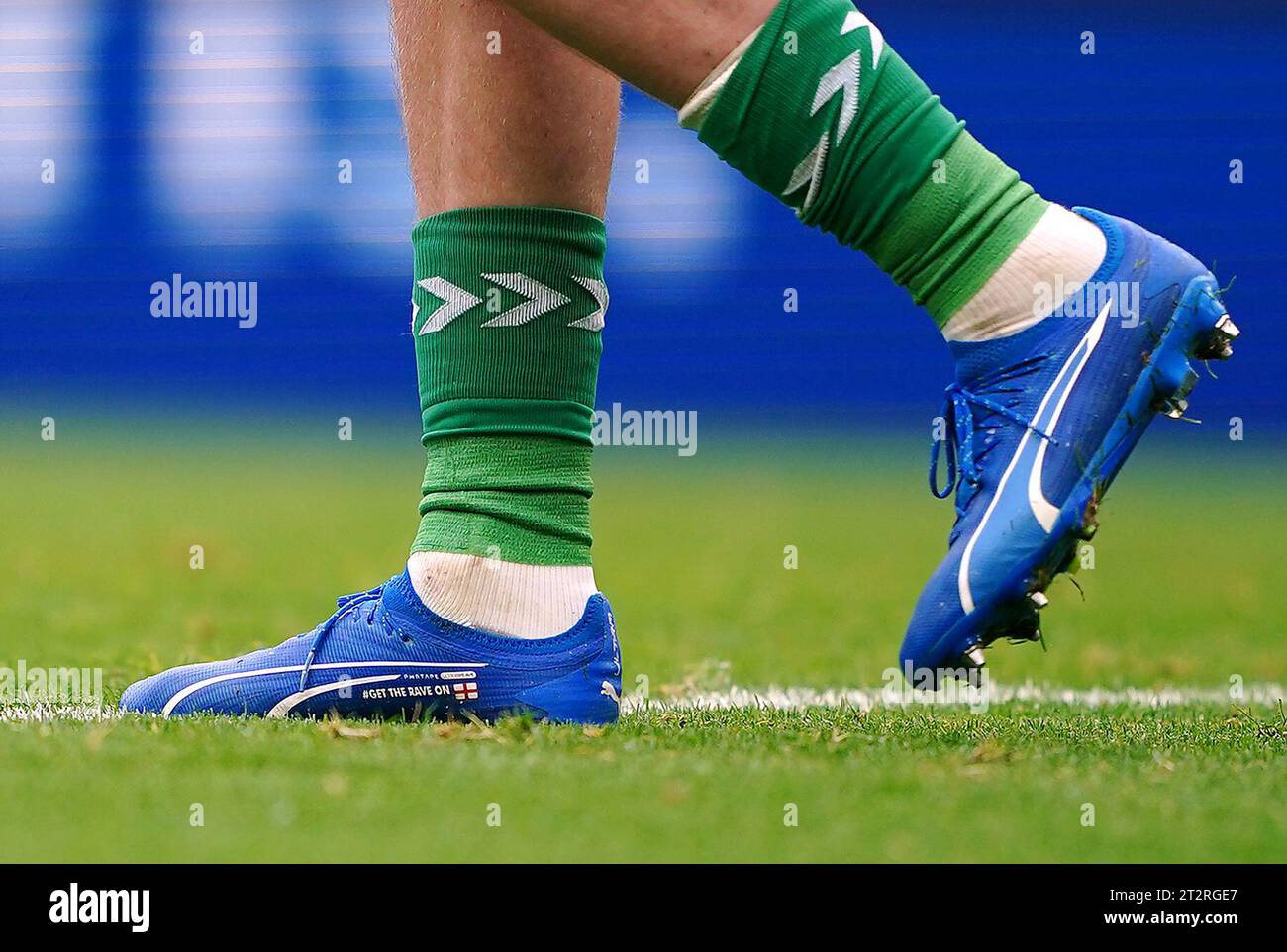 Detail of the football boots of Everton goalkeeper Jordan Pickford ...