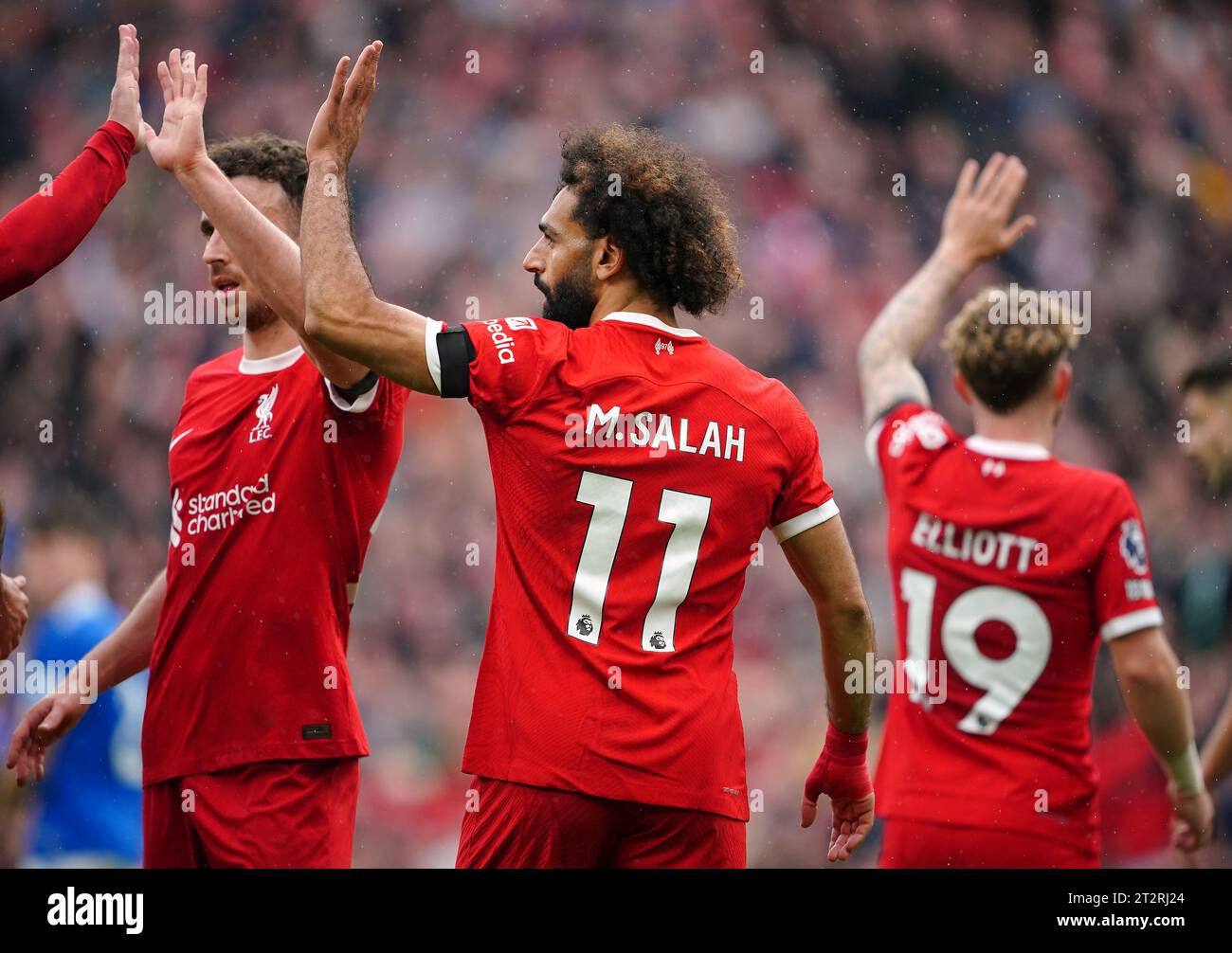 Liverpool's Mohamed Salah celebrates after scoring their side's second ...