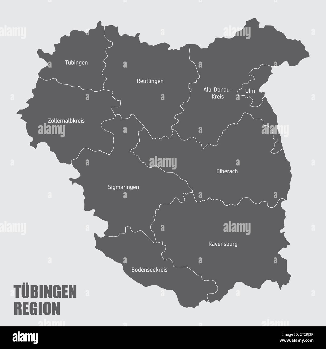 Tubingen Region administrative map isolated on gray background, Germany ...