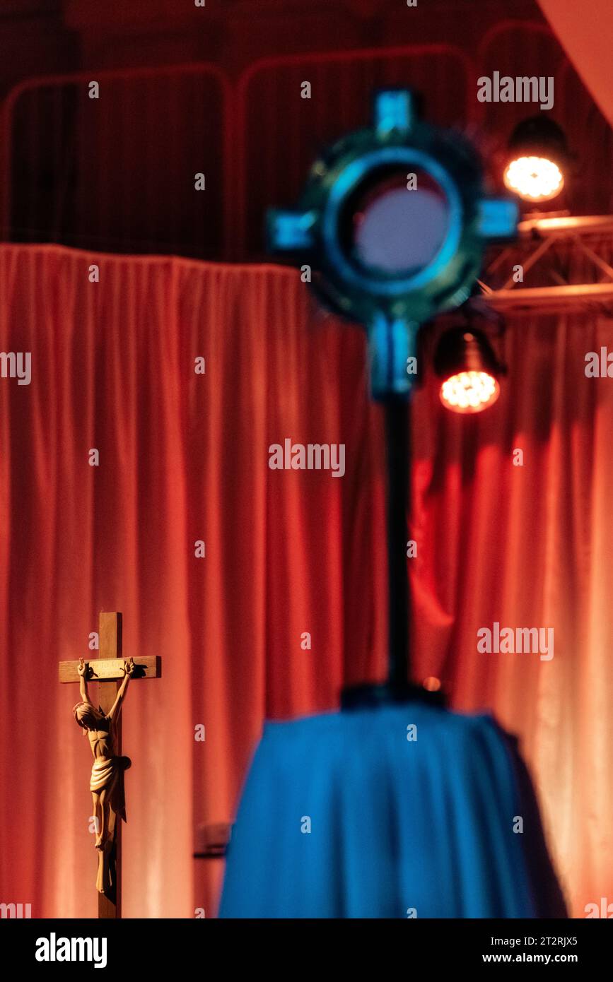 Caholic eucharistic adoration and statue of Jesus Christ on the cross ...