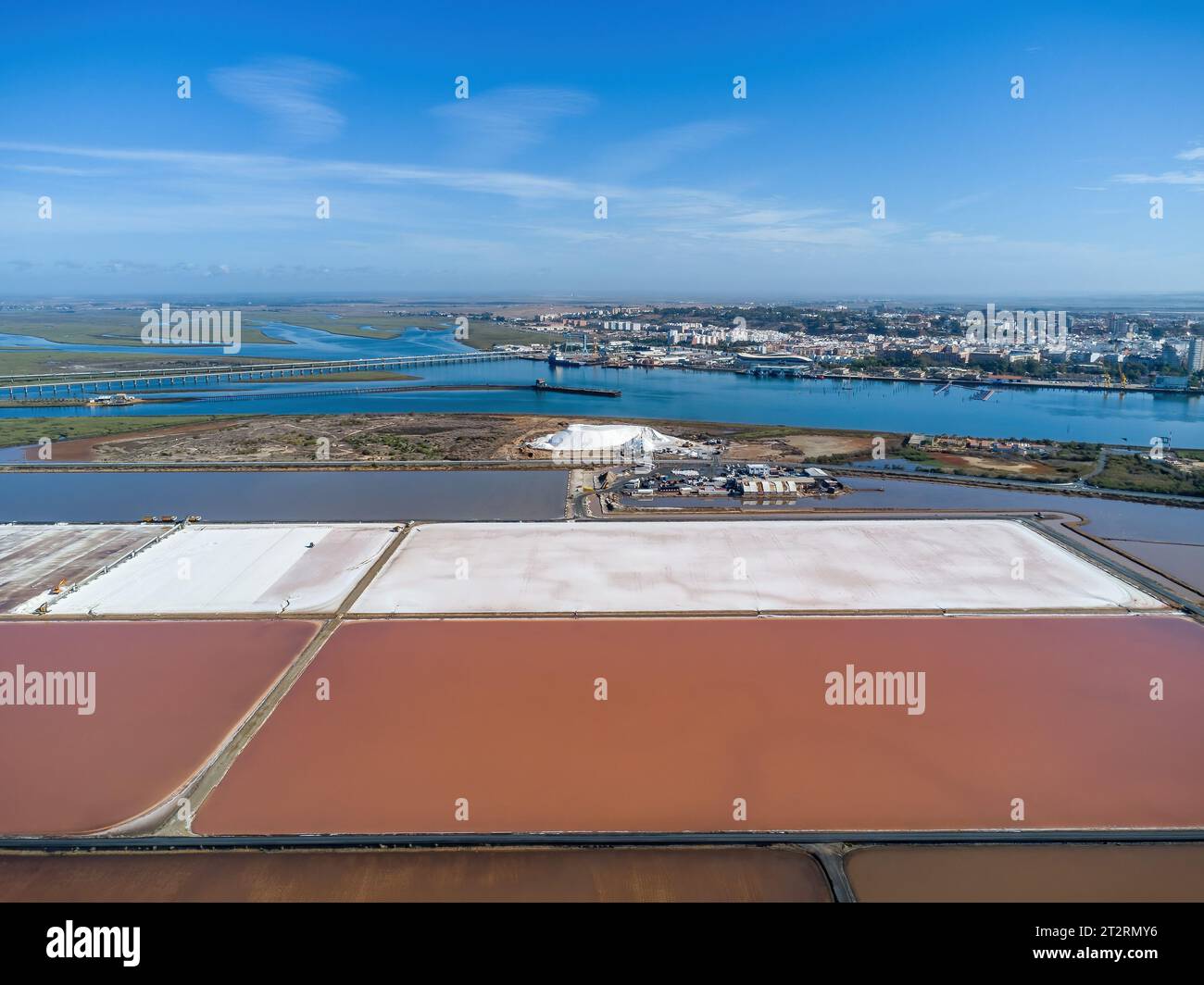 Aerial drone view of salt production in the evaporators of sea salt in ...