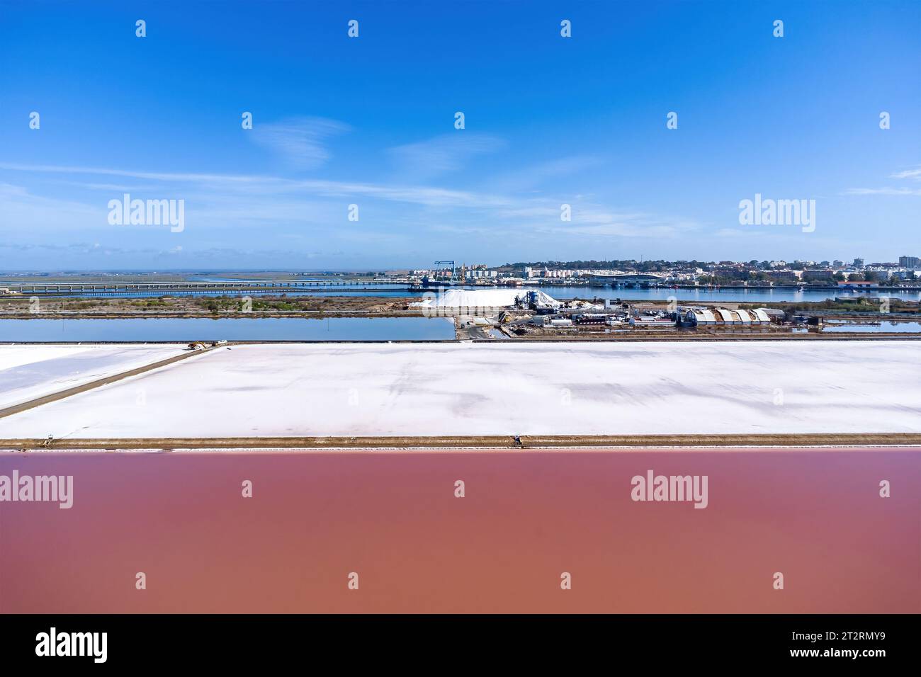 Huelva, Spain - October 21, 2023: Salt production in the evaporators of ...