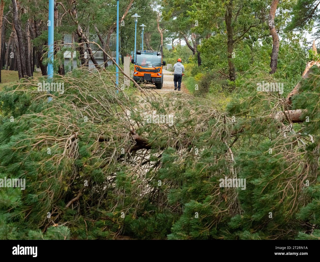 Breege, Germany. 21st Oct, 2023. A man clears a bicycle and pedestrian ...