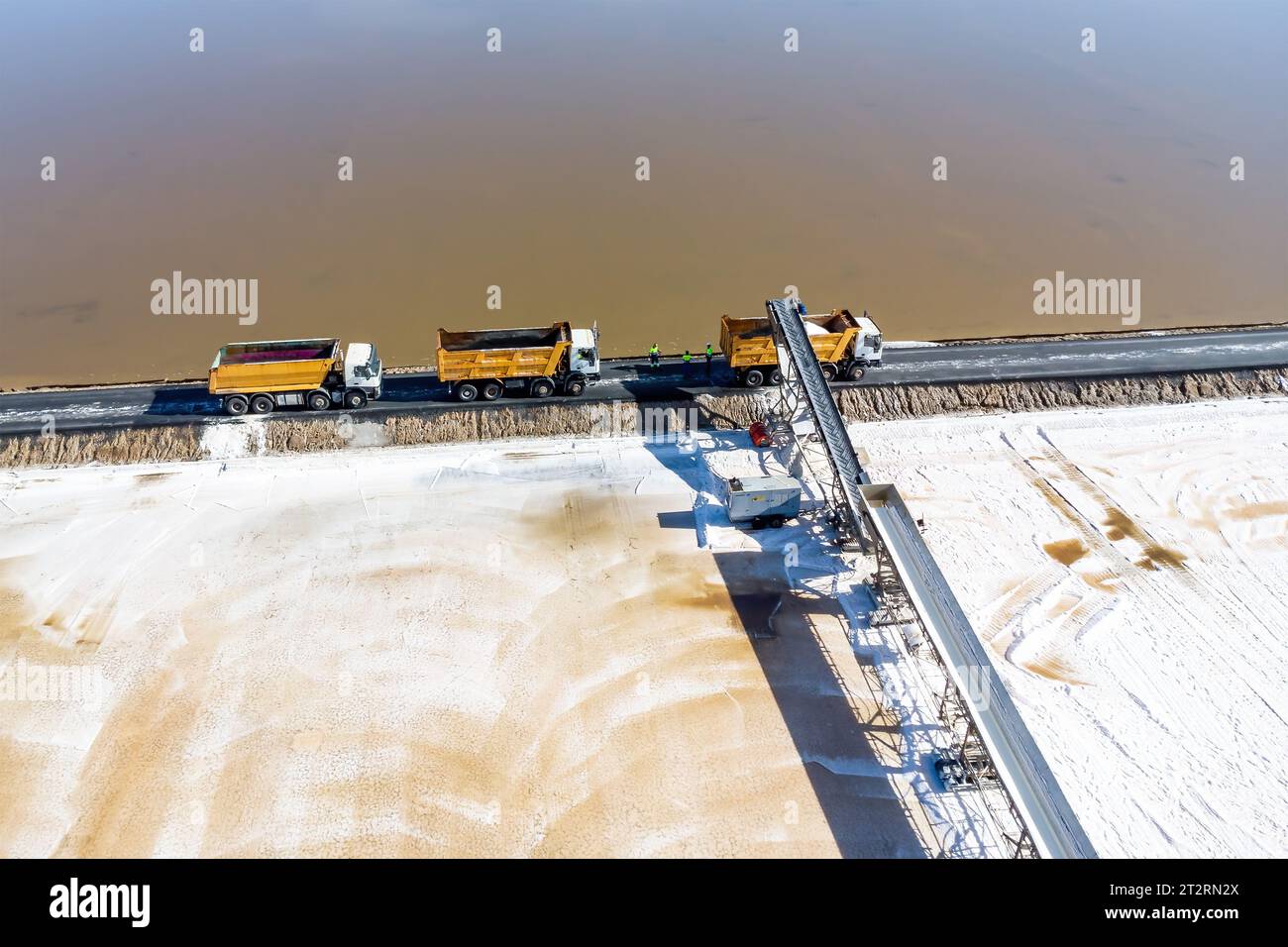 Huelva, Spain - October 21, 2023: Salt collection in the evaporators of ...