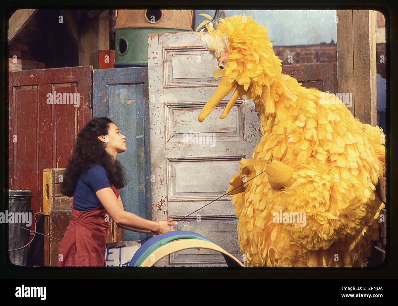 A 1977 photo of rehearsals on the set of Sesame Street showing Big Bird ...