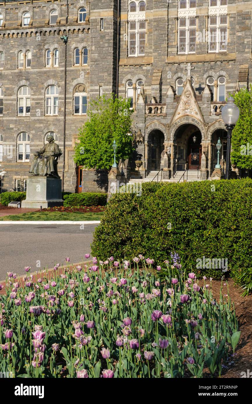 Georgetown University, Healy Hall, Washington, DC, USA. Statue of John ...