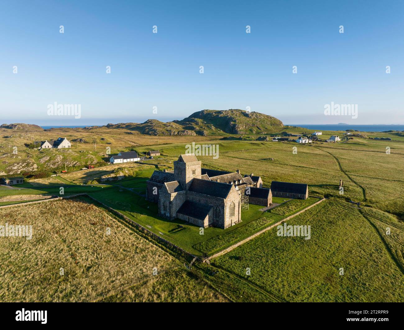 Aerial view of the island of Iona in the morning light, with the ...