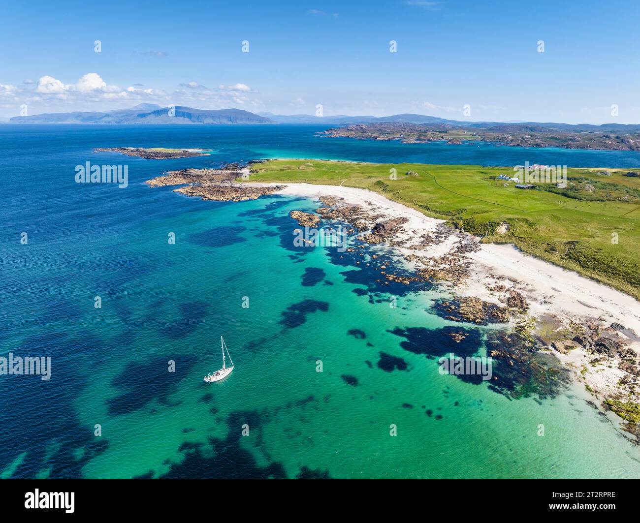 Aerial view of Traigh An T-Suidhe sandy beach on the north side of the ...
