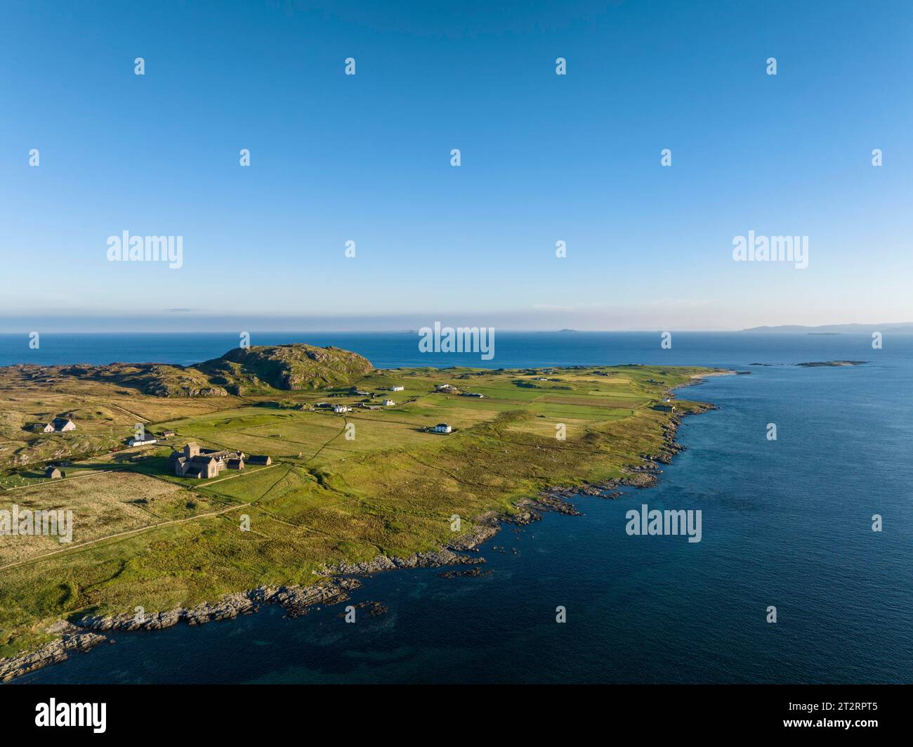 Aerial view of the island of Iona in the morning light, with the ...