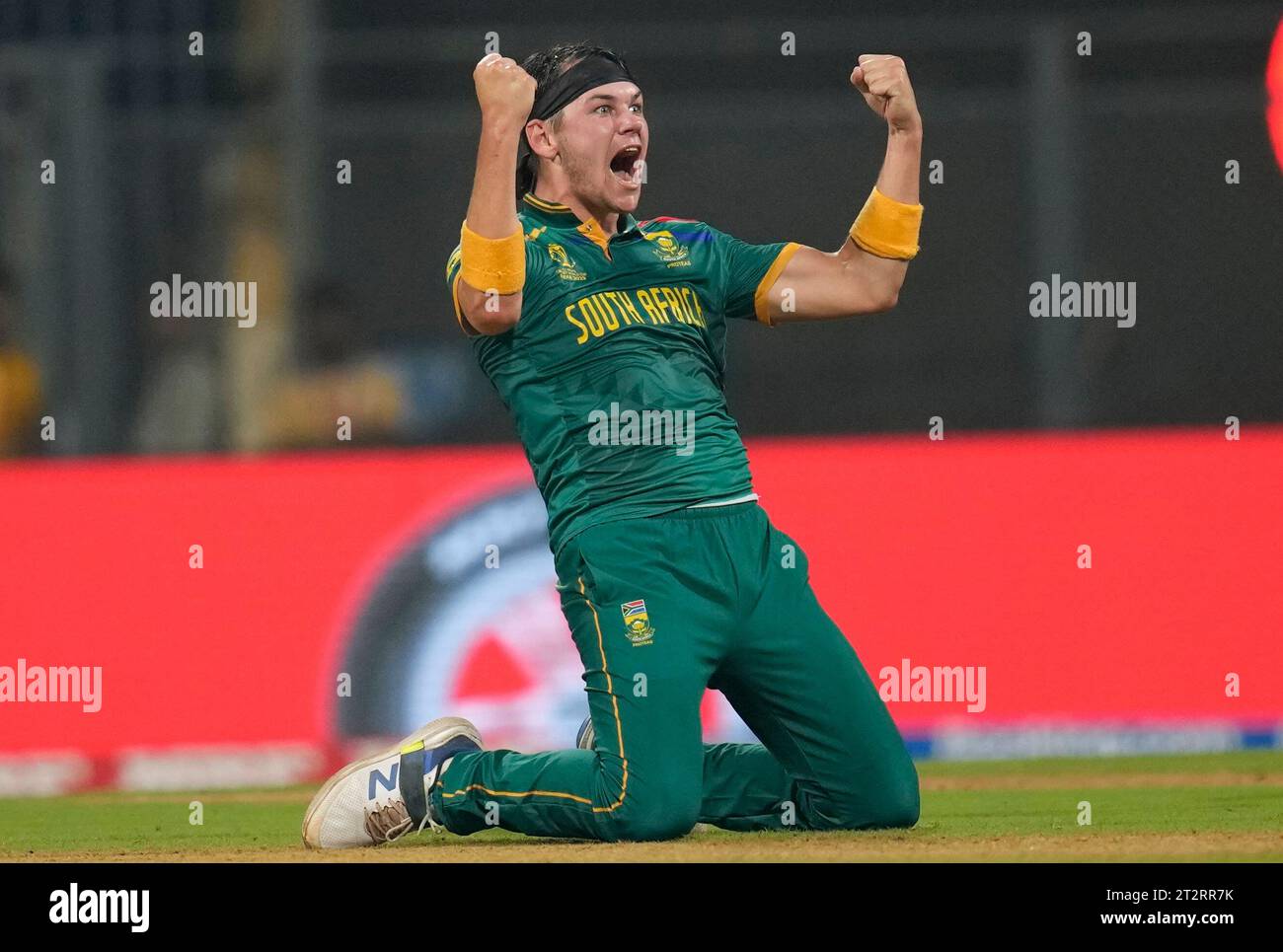 South Africa's Gerald Coetzee celebrates the dismissal of England's ...